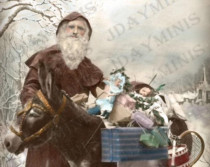 French Christmas, Santa or Pere Noel, Donkey With Gifts - Instant ...