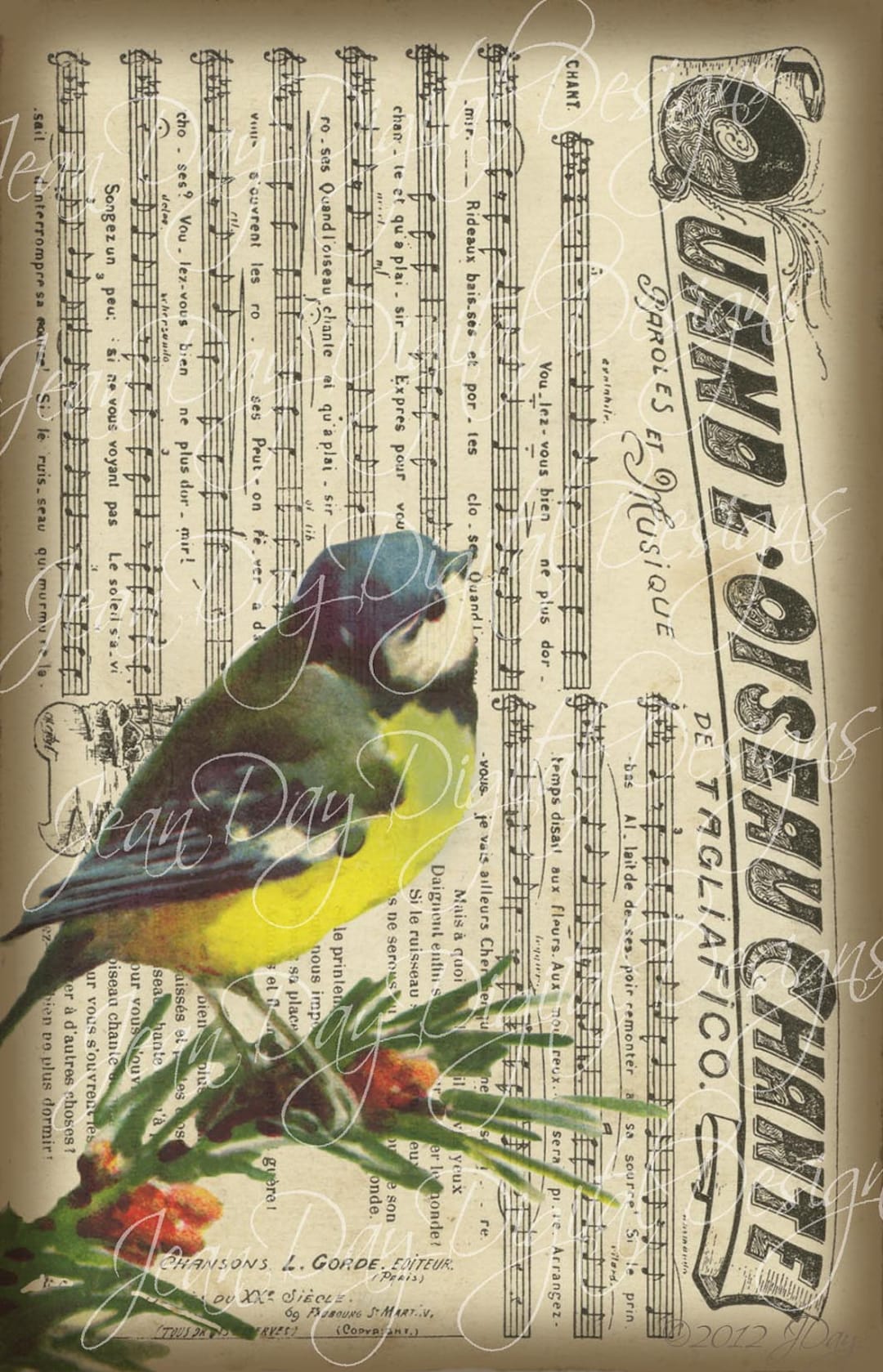 French Bird "when the Bird Sings" Bird Music Collage, Instant Download ...