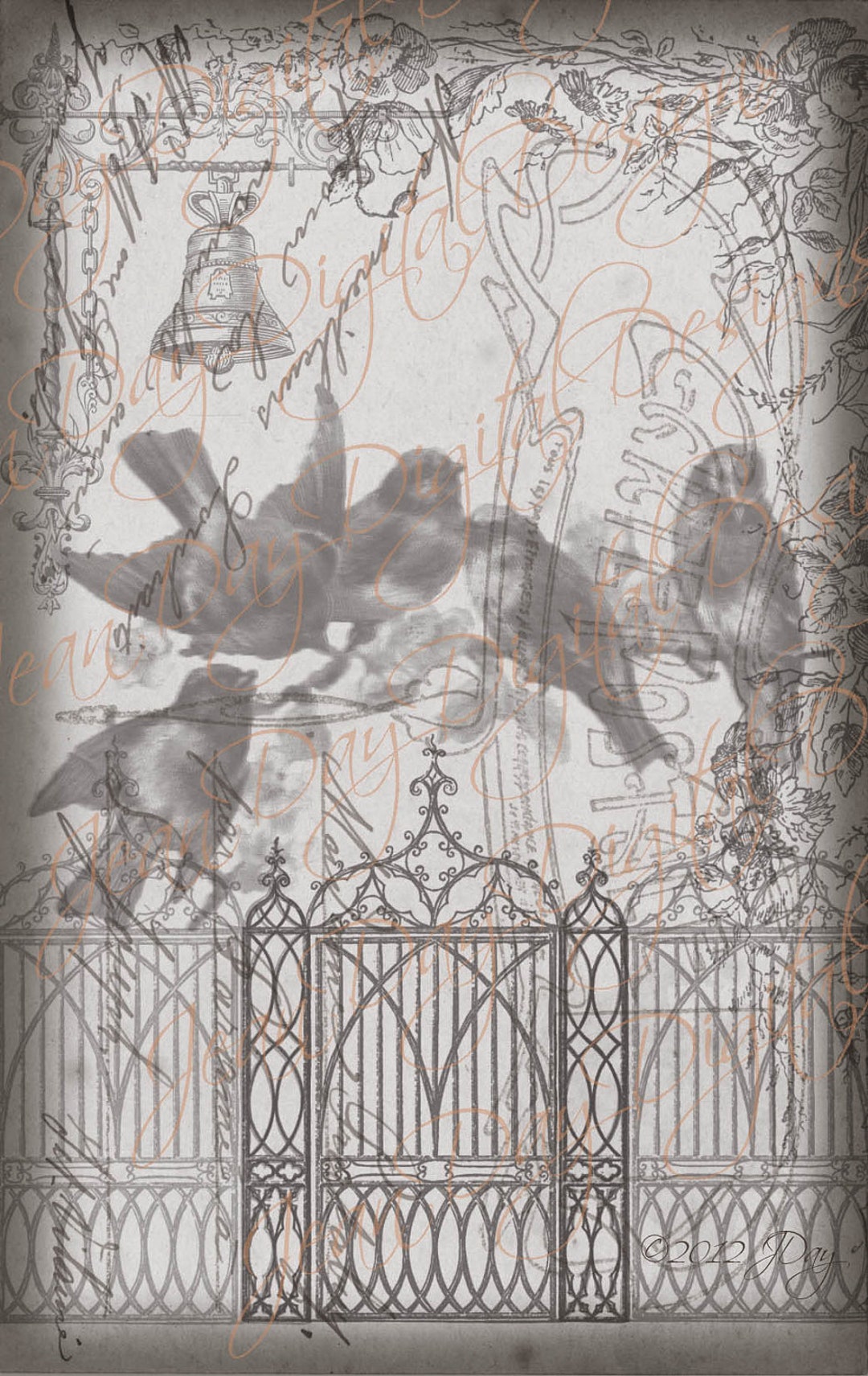 French Gate With Birds Digital Collage - French Postcard Tag, Instant ...