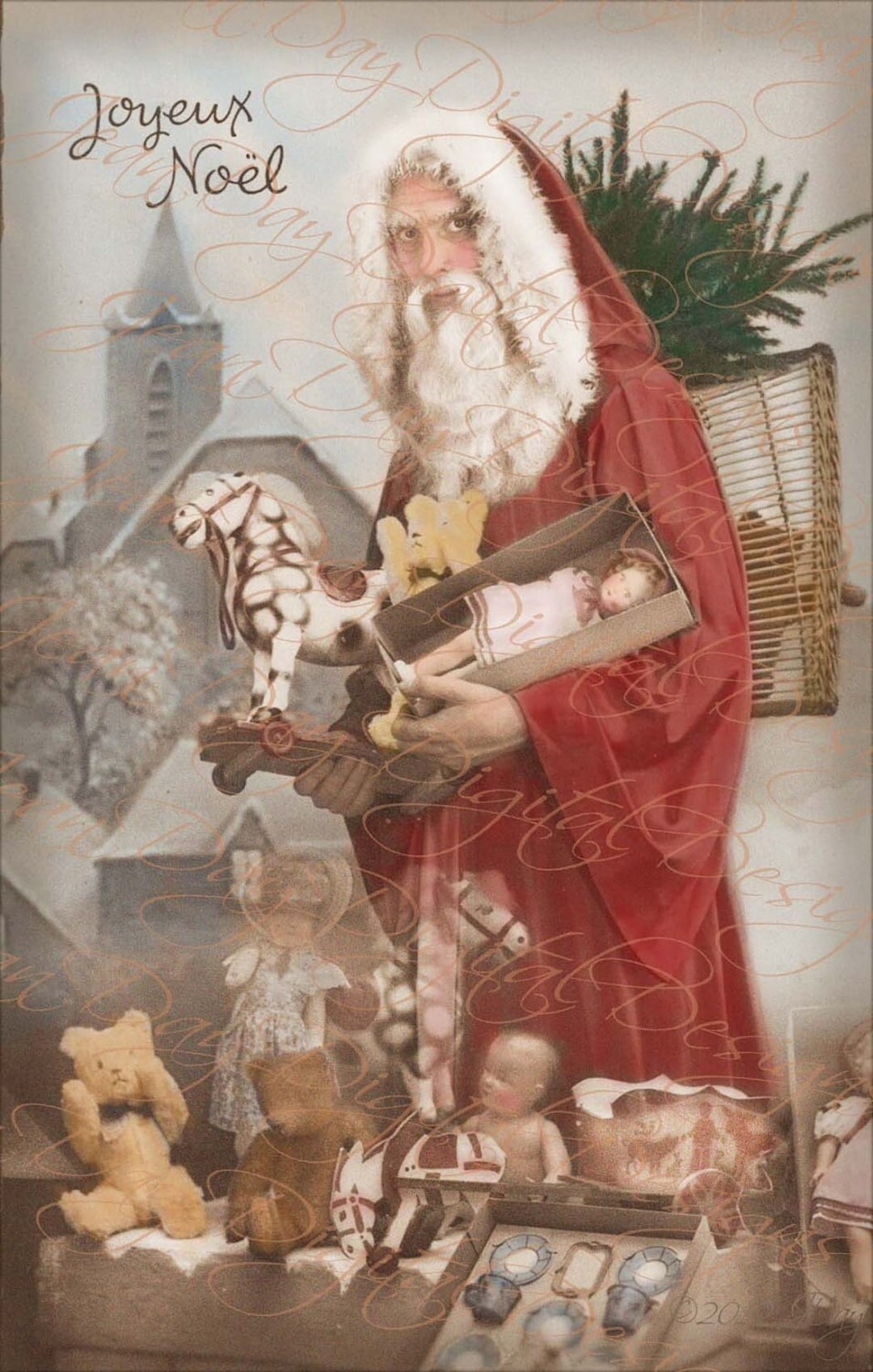 Christmas, Santa, French Le Pere Noel, up on the Roof With Teddies and ...