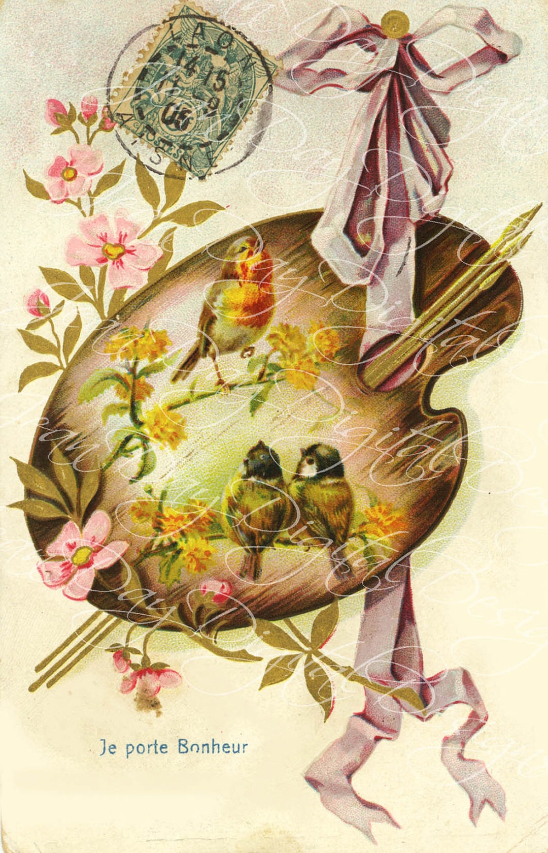French Pallet of Birds, 1905 French Birds Postcard and Stamp, Instant ...
