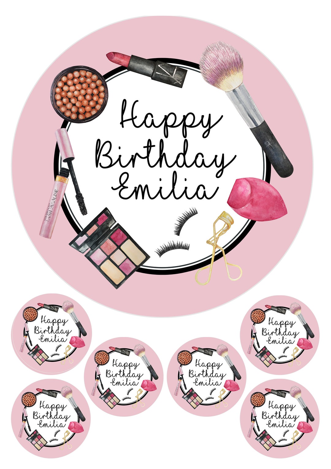 Personalised Edible Makeup Cake Topper Icing/ Waffer 7.6 & 6 Cupcake ...