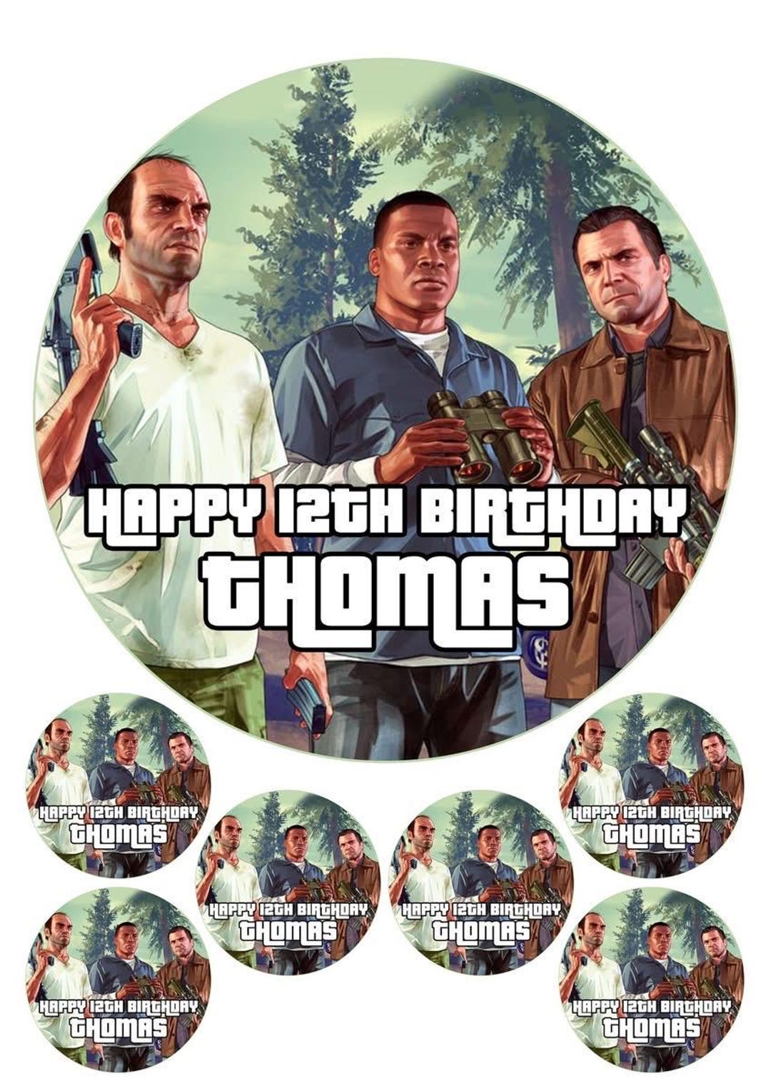 Personalised Edible GTA Cake Topper Icing/ Wafer 7.5 & 6 Cupcake ...