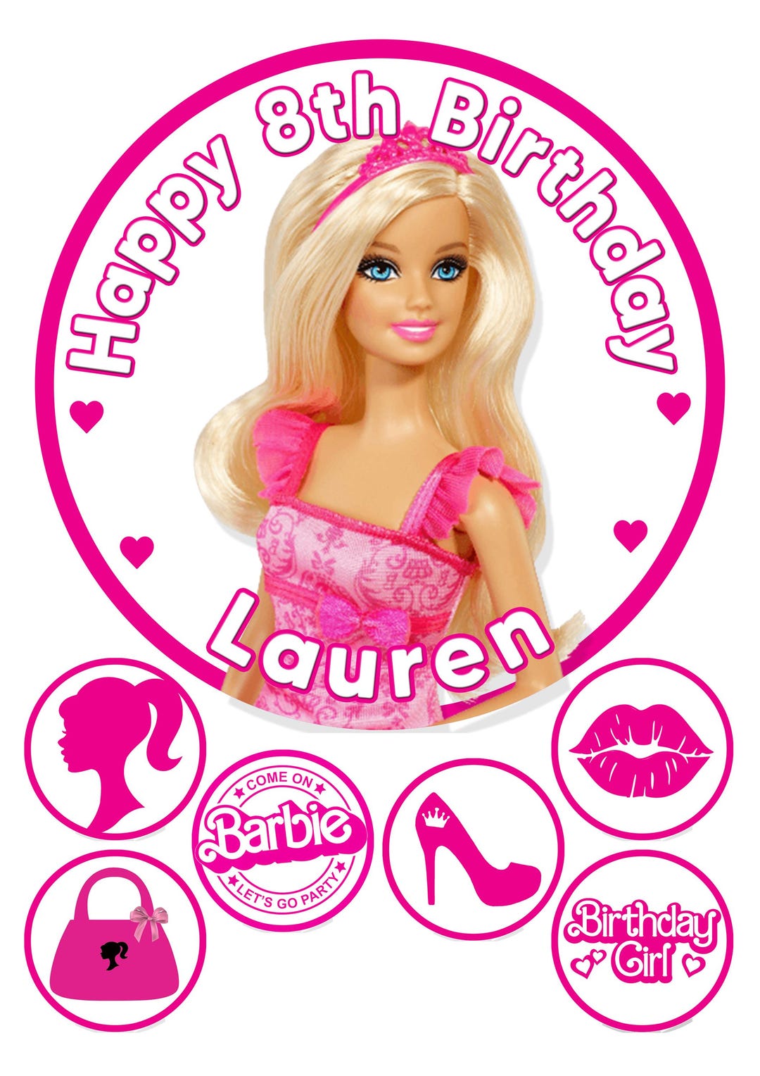 Personalised Edible Barbie Cake Topper Icing/ Wafer 7.5 & 6 Cupcake ...