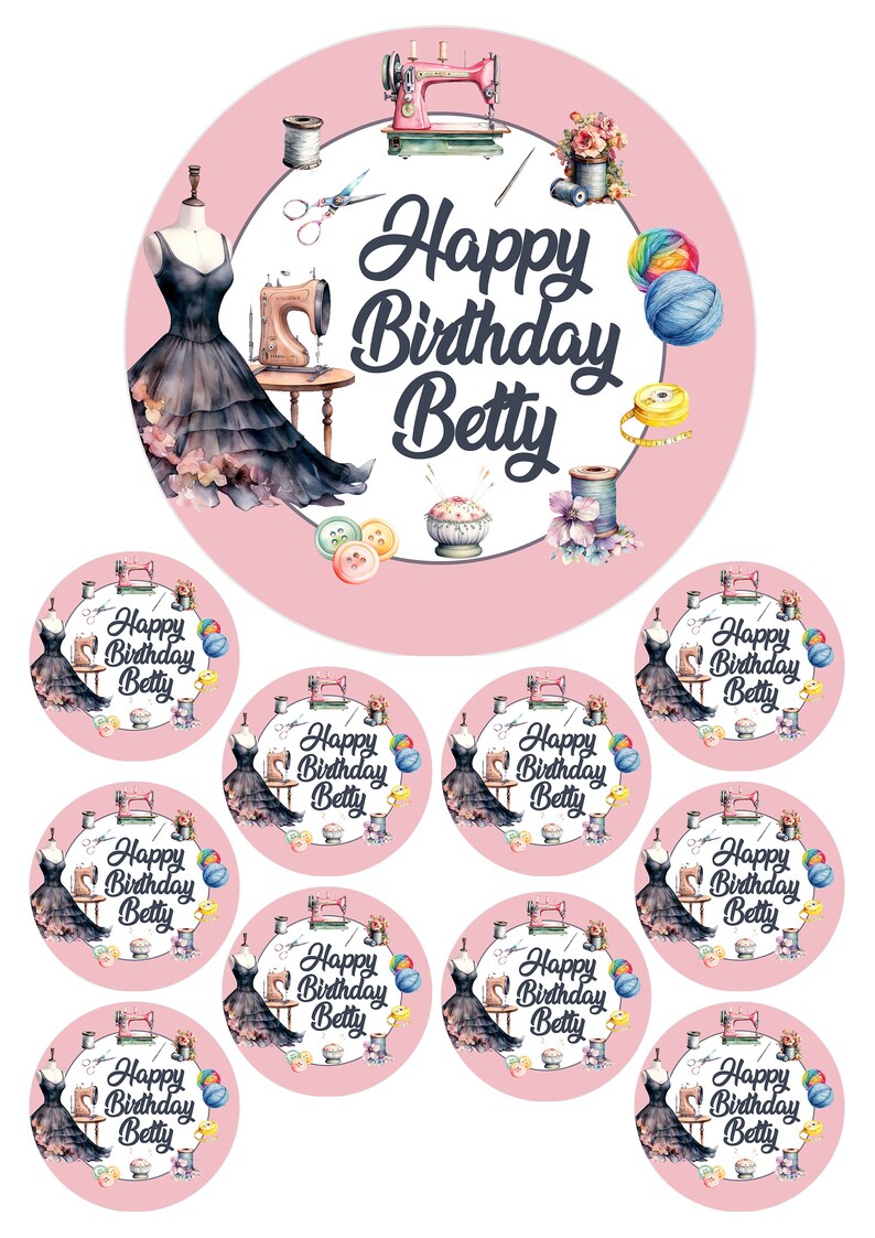 Personalised Edible Sewing Cake Topper Icing/ Waffer 7.6 & 6 Cupcake ...