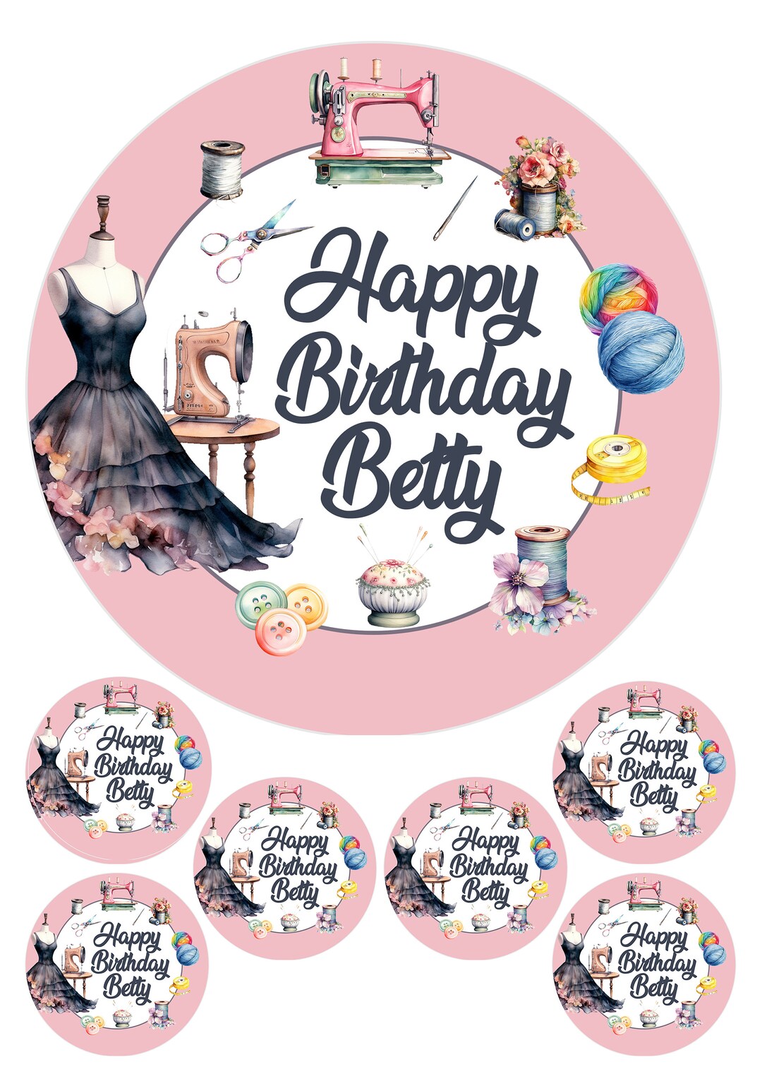 Personalised Edible Sewing Cake Topper Icing/ Waffer 7.6 & 6 Cupcake ...