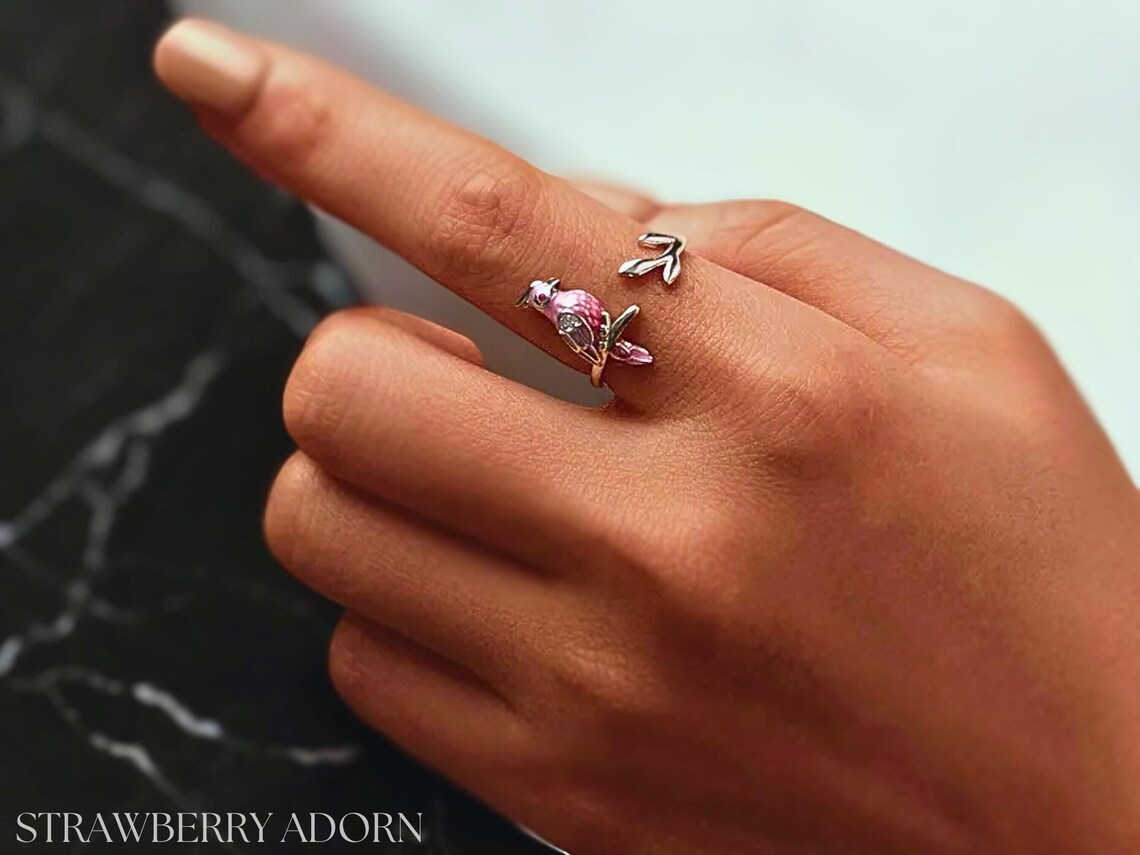 Pink Parrot Silver Adjustable Ring | Enamel Bird Open Ring | CZ Diamond ...