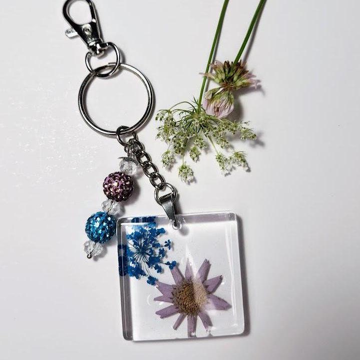 Pretty Pink & Blue Flower Keychain With Sparkly Clay and Glass Beads ...