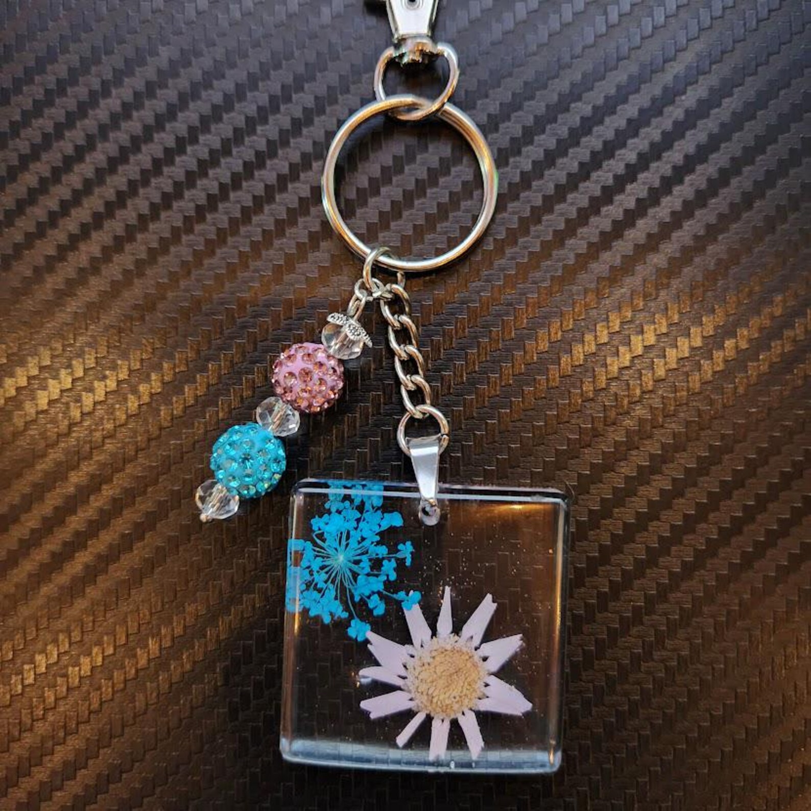 Pretty Pink & Blue Flower Keychain With Sparkly Clay and Glass Beads ...