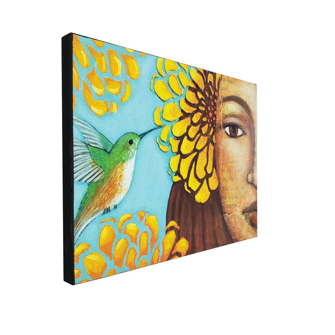 Hummingbird Portrait Wood Mounted Print of Mixed Media Folk Art ...