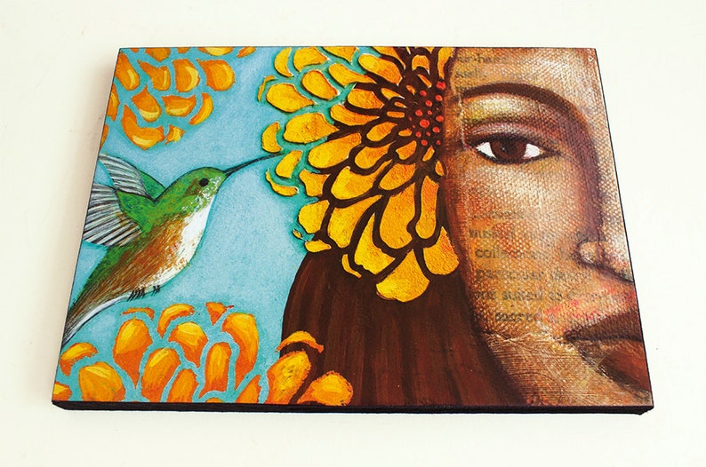 Hummingbird Portrait Wood Mounted Print of Mixed Media Folk - Etsy