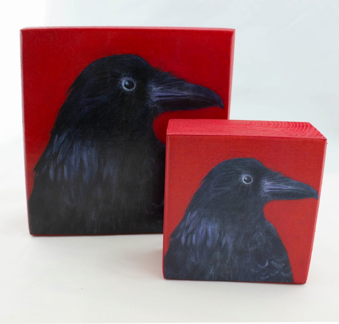 Raven Crow - PRINT of Original Painting on Chunky Wood Block - Mixed ...