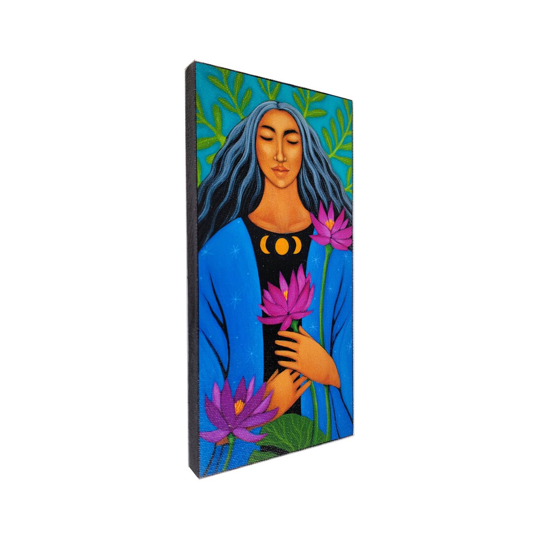 Triple Moon Goddess With Lotus Flower - Wood Mounted Canvas Print of ...