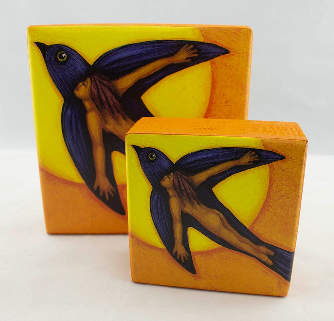 Raven Crow - PRINT of Original Painting on Chunky Wood Block - Mixed ...