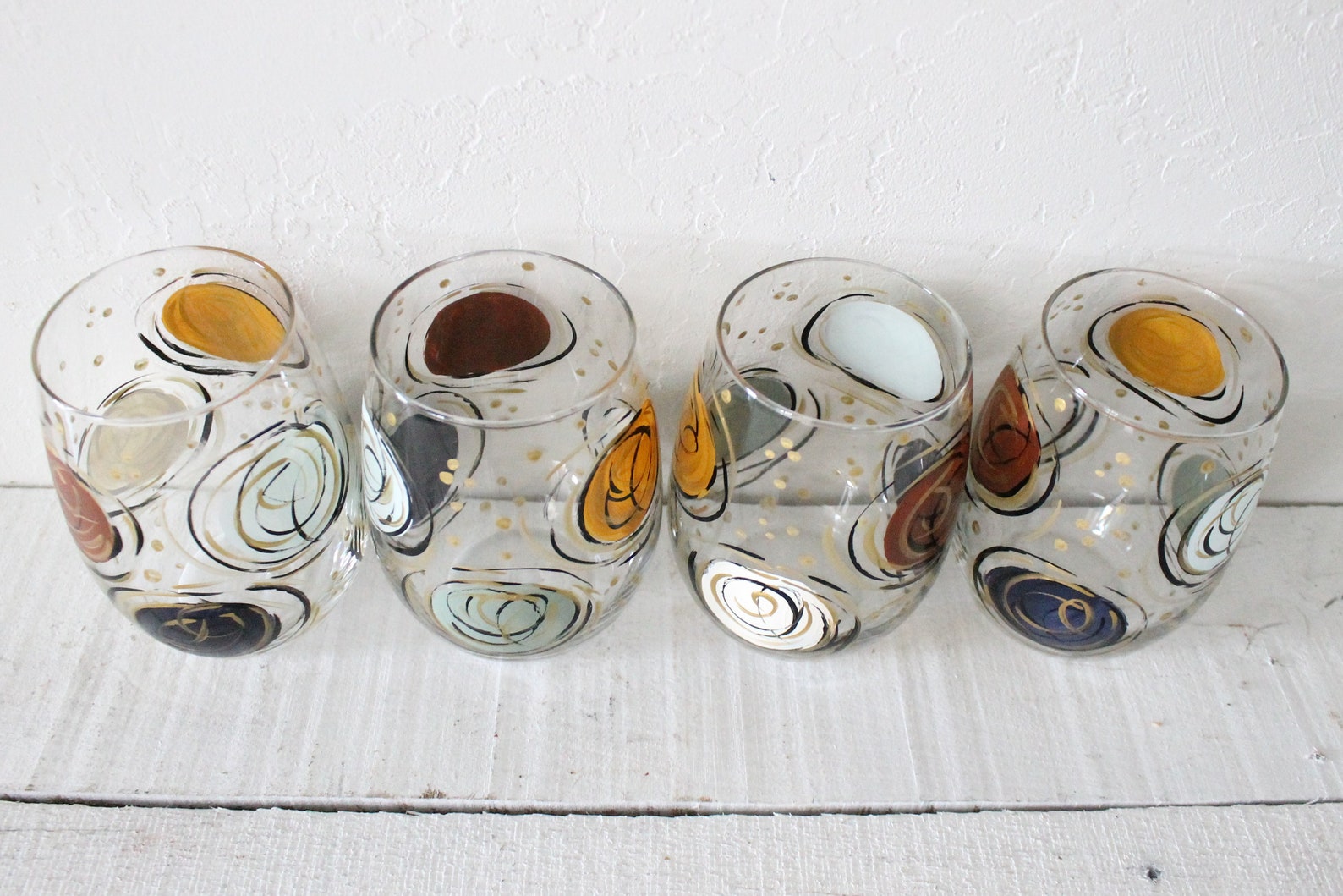 Stemless Wine Glasses Hand Painted Sage, Ochre, Navy, Sienna Swirl ...