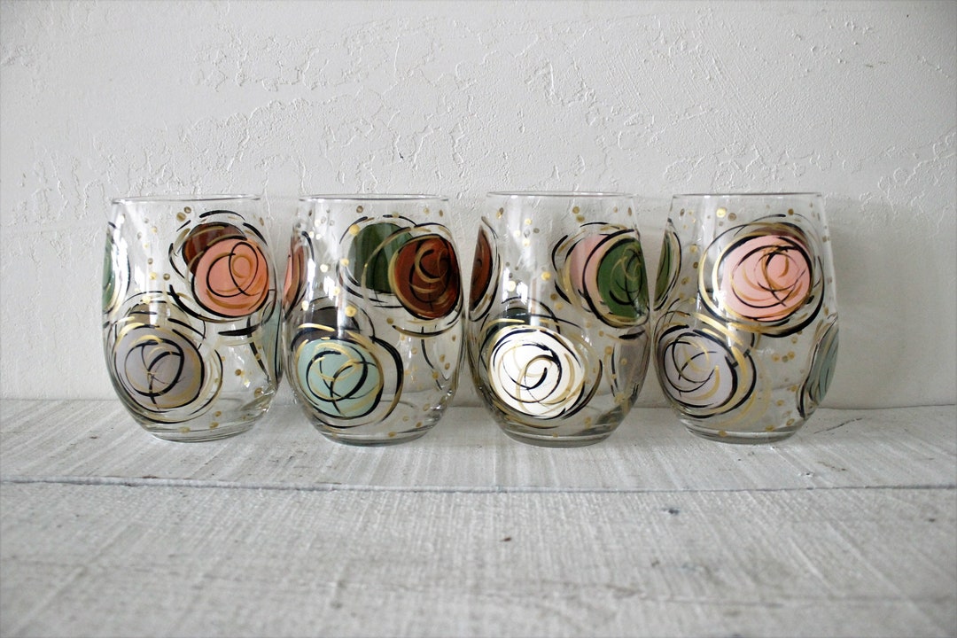 Stemless Wine Glasses Hand Painted Green, Peach, Sienna Swirl Design - Etsy