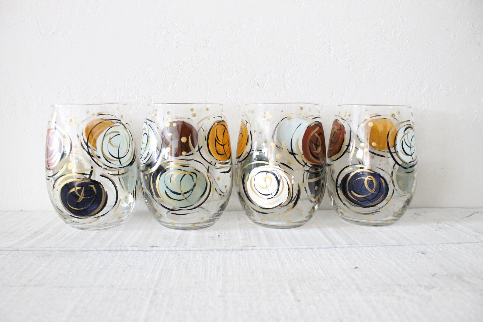 Stemless Wine Glasses Hand Painted Sage, Ochre, Navy, Sienna Swirl ...
