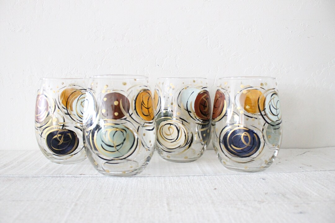 Stemless Wine Glasses Hand Painted Sage, Ochre, Navy, Sienna Swirl ...