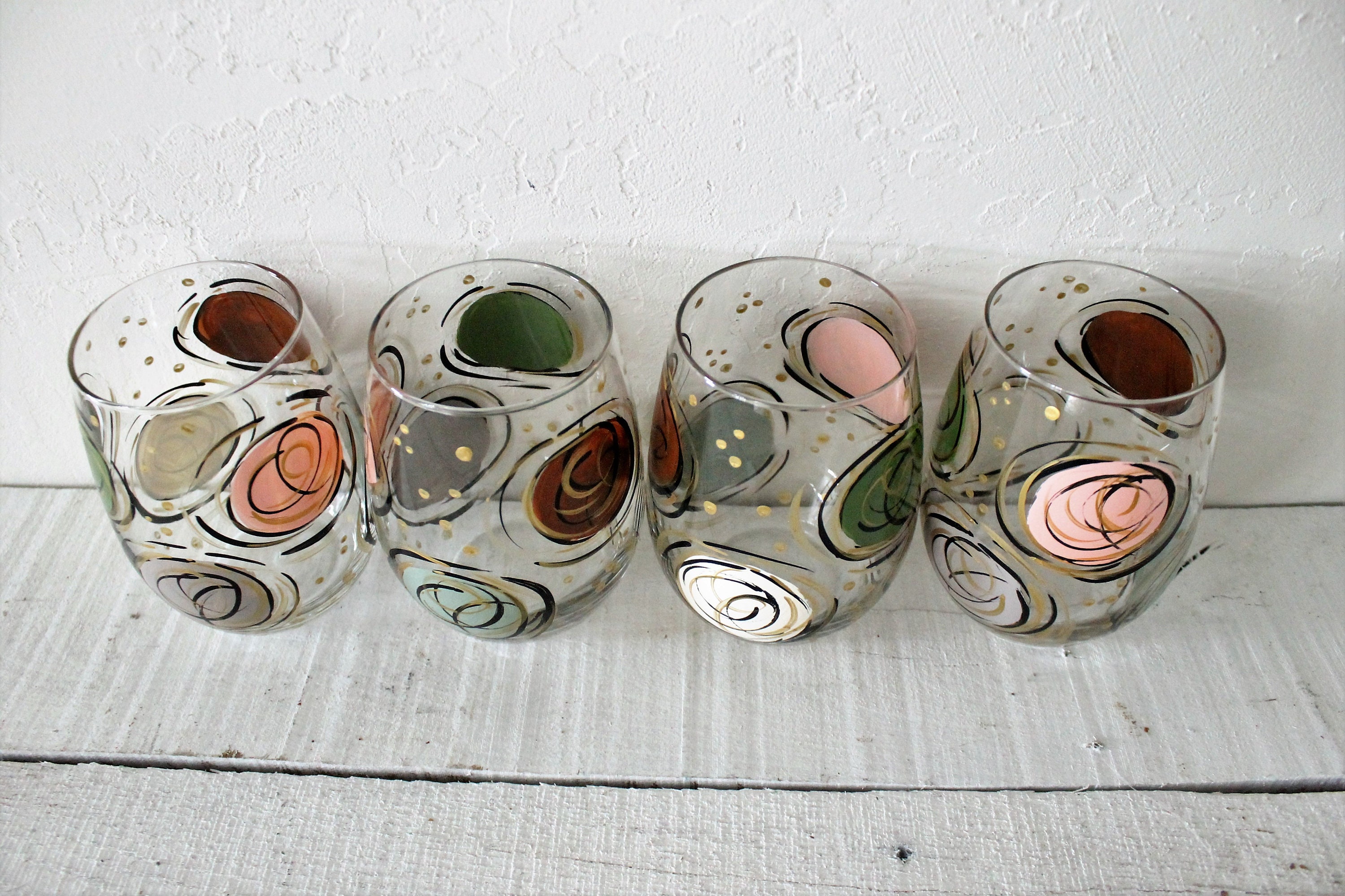Stemless Wine Glasses Hand Painted Green, Peach, Sienna Swirl Design - Etsy