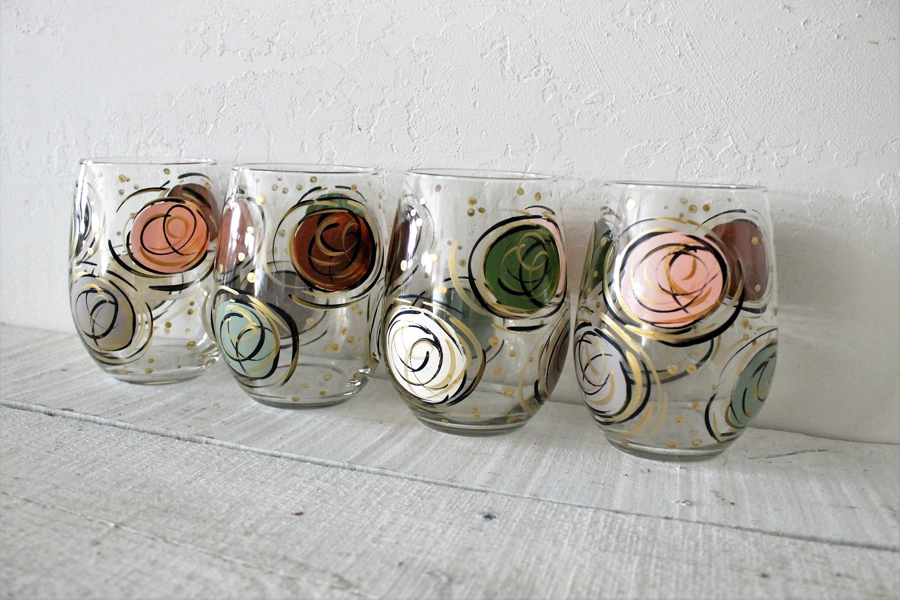 Stemless Wine Glasses Hand Painted Green, Peach, Sienna Swirl Design - Etsy