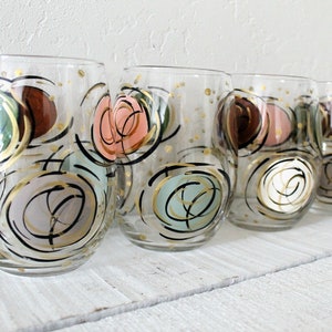 Stemless Wine Glasses Hand Painted Green, Peach, Sienna Swirl Design - Etsy