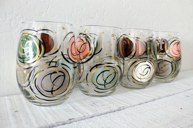Stemless Wine Glasses Hand Painted Green, Peach, Sienna Swirl Design - Etsy