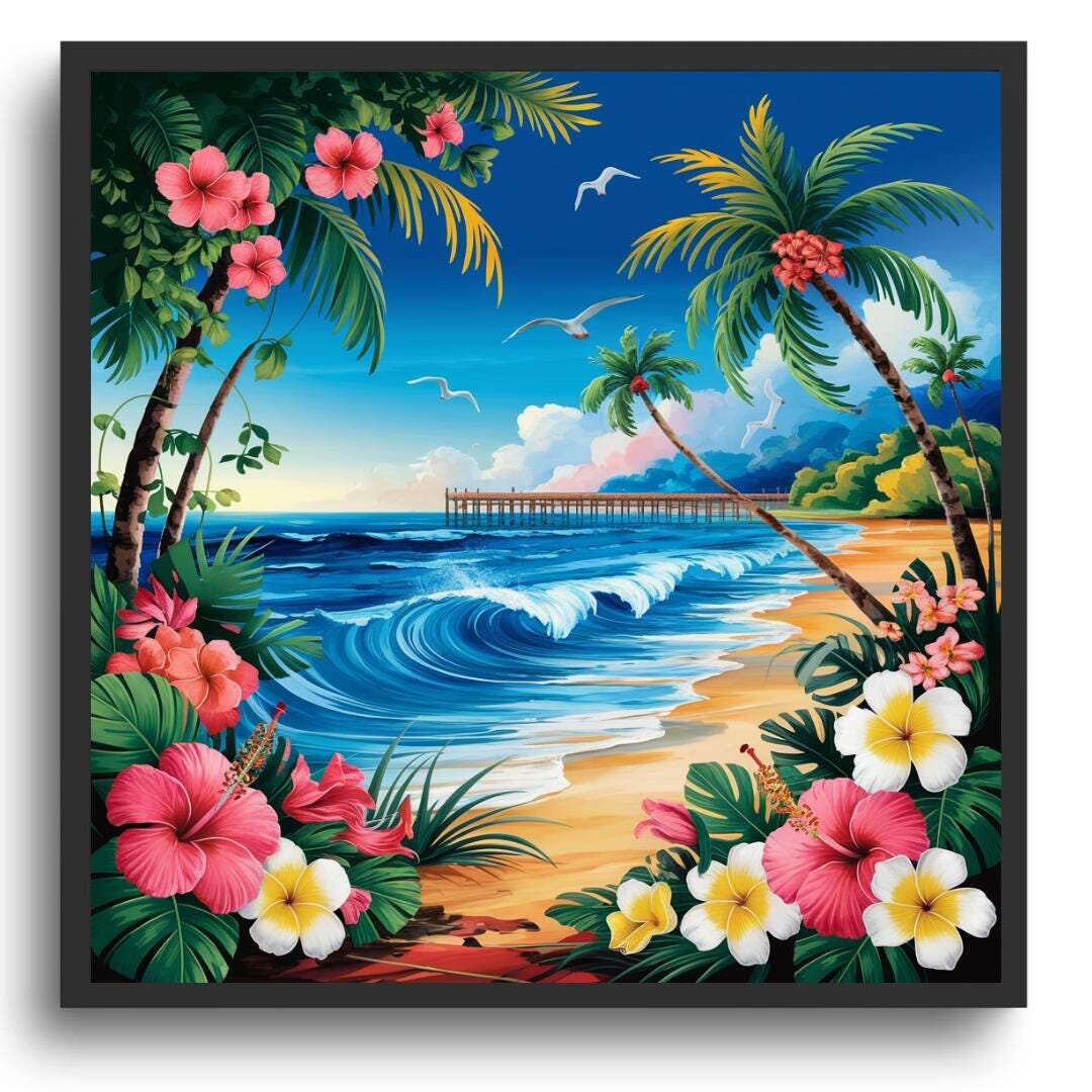 Tropical Beach Printable Wall Art Vibrant Coastal Landscape Digital ...