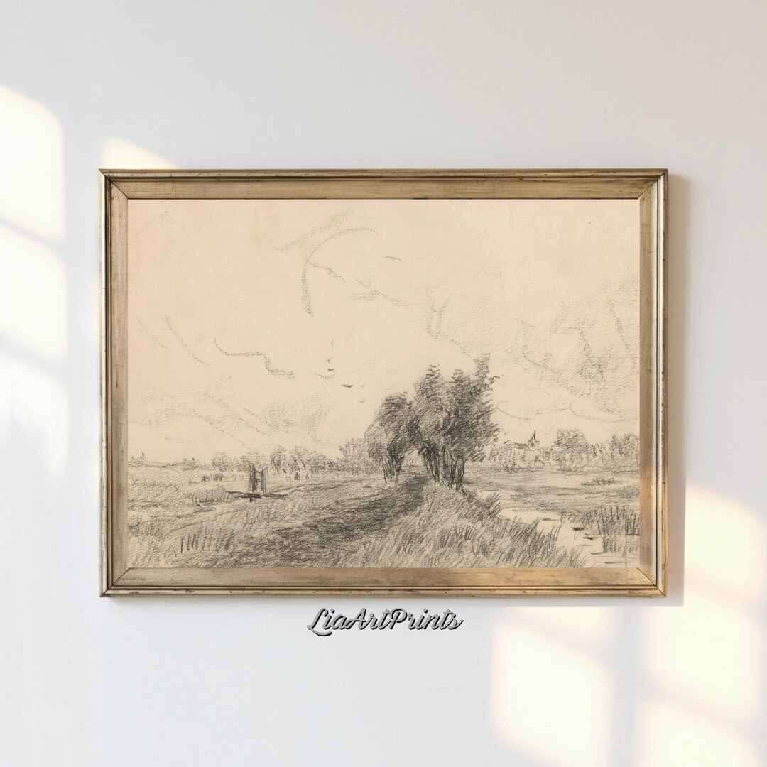 Minimalist Countryside Sketch Wall Art Serene Tree-lined Path Digital ...