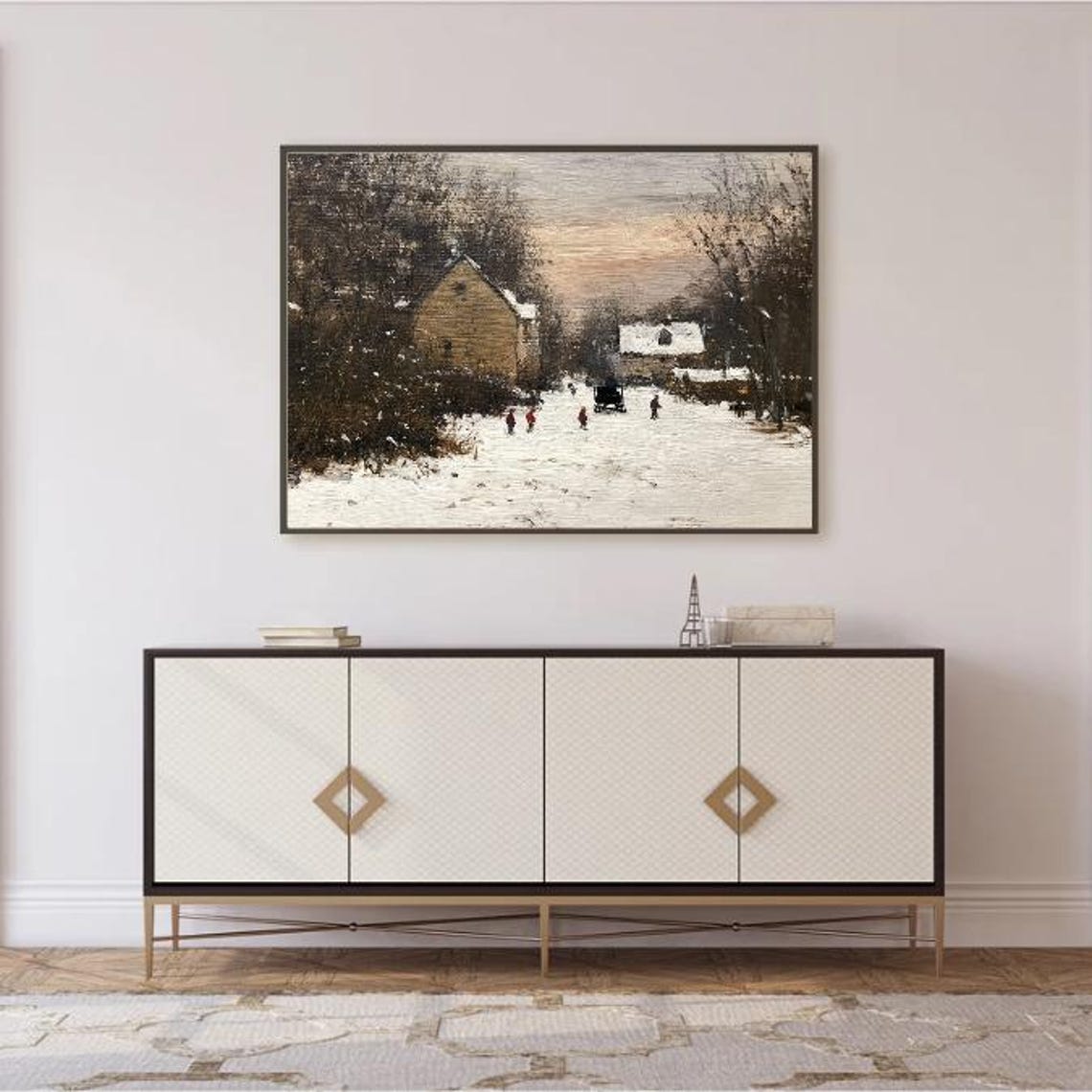 Snowy Village Winter Scene Printable Wall Art, Realistic Digital ...