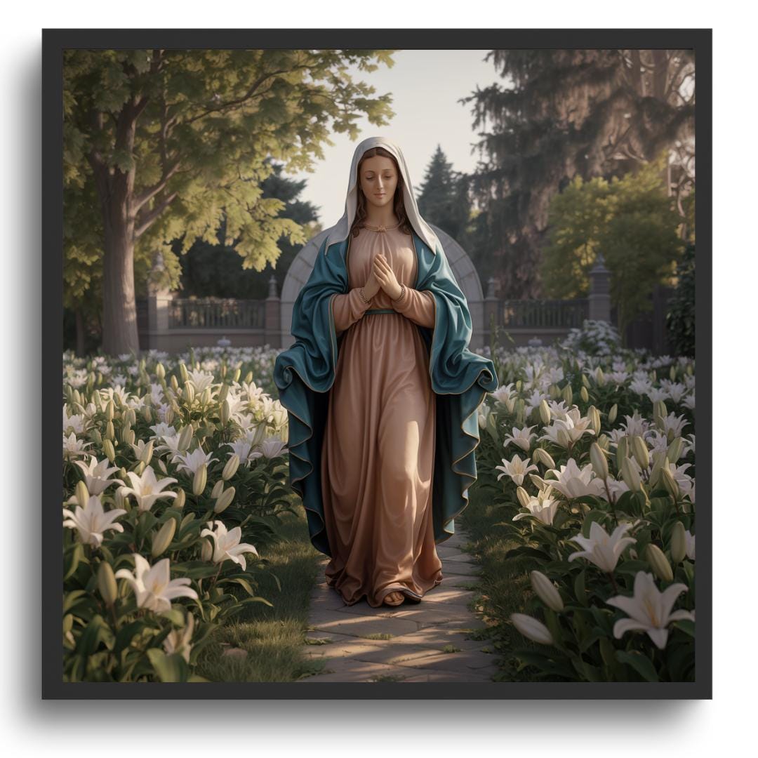 Virgin Mary in Lily Garden Wall Art, Christian Digital Artwork ...