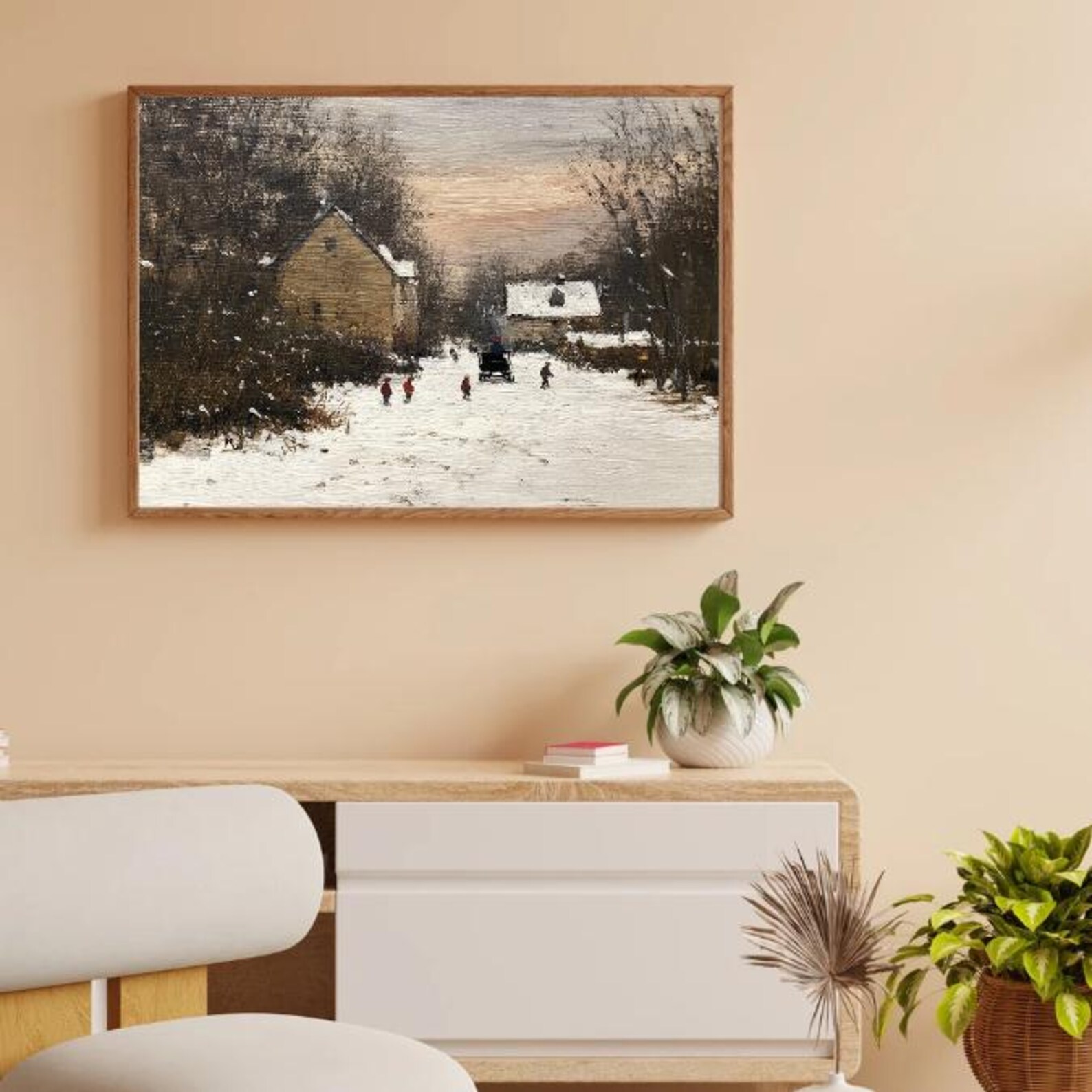 Snowy Village Winter Scene Printable Wall Art, Realistic Digital ...