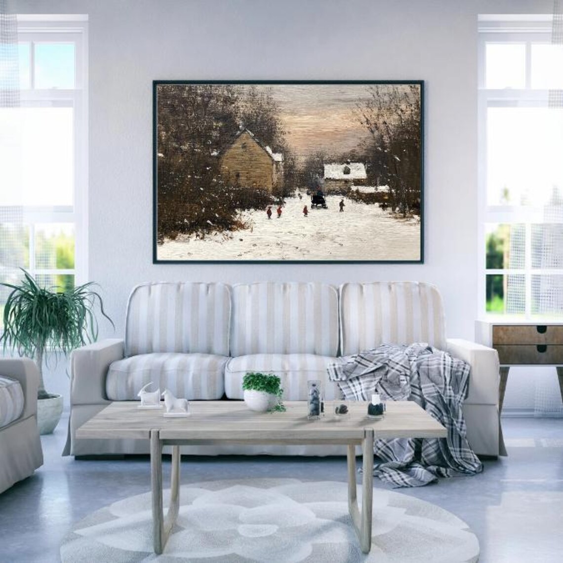 Snowy Village Winter Scene Printable Wall Art, Realistic Digital ...