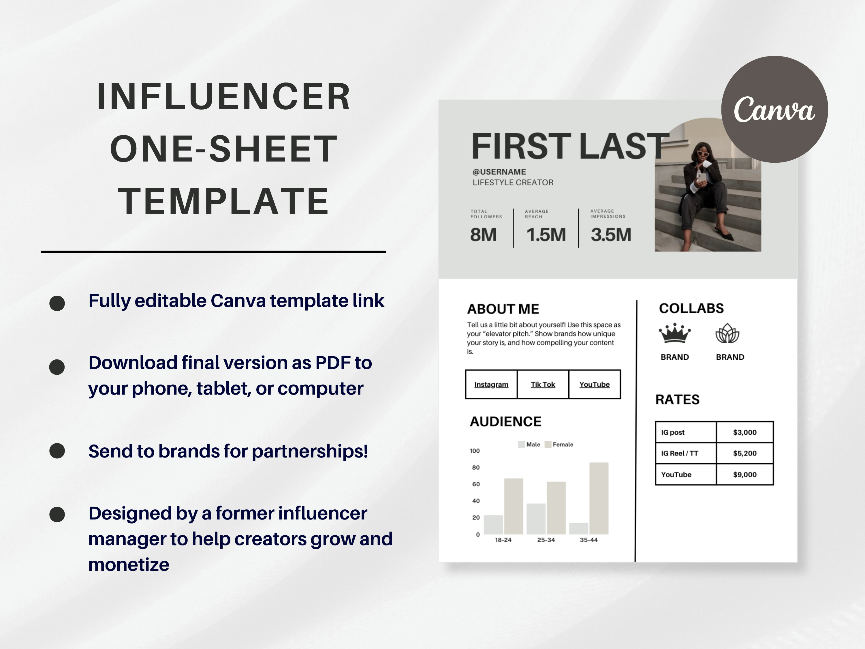 Influencer One Sheet, Rate Card, Media Kit, Customizable Canva Template ...