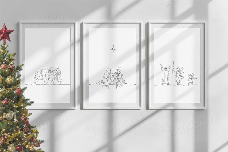 Nativity Scene Line Art Print Set, Minimalist Christian Decor (digital ...