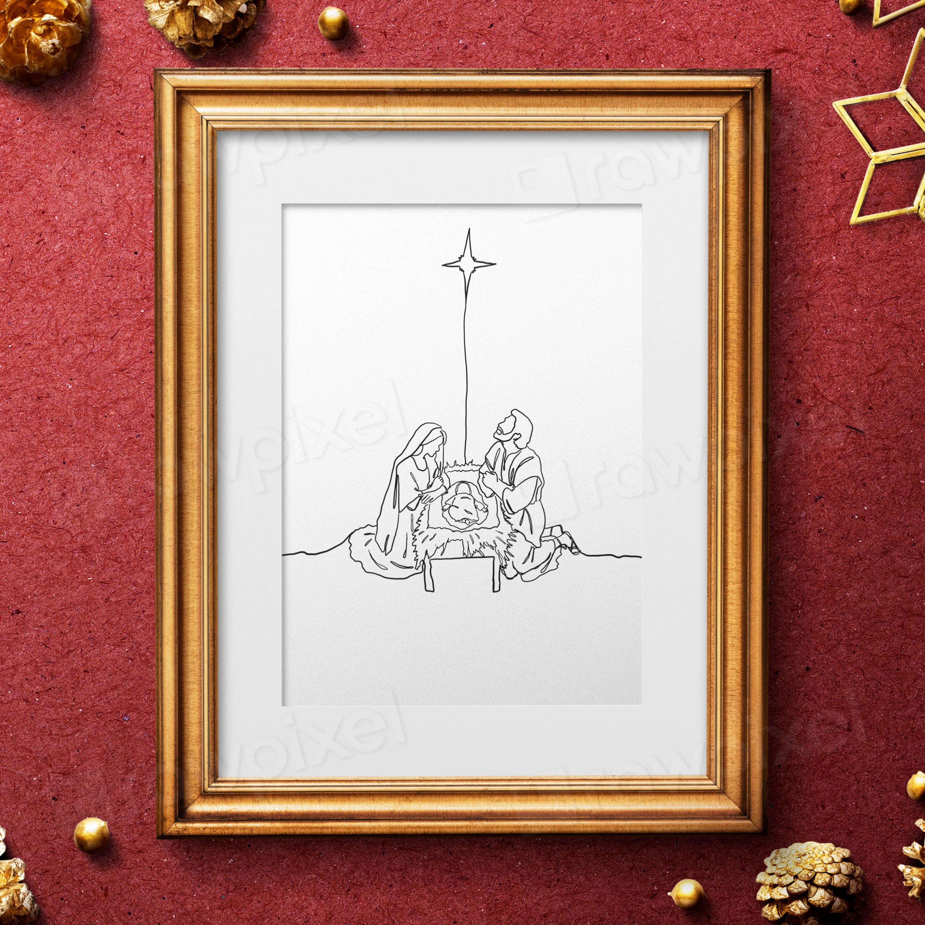 Minimalist Nativity Scene Line Art Print, Christmas Christian Decor ...