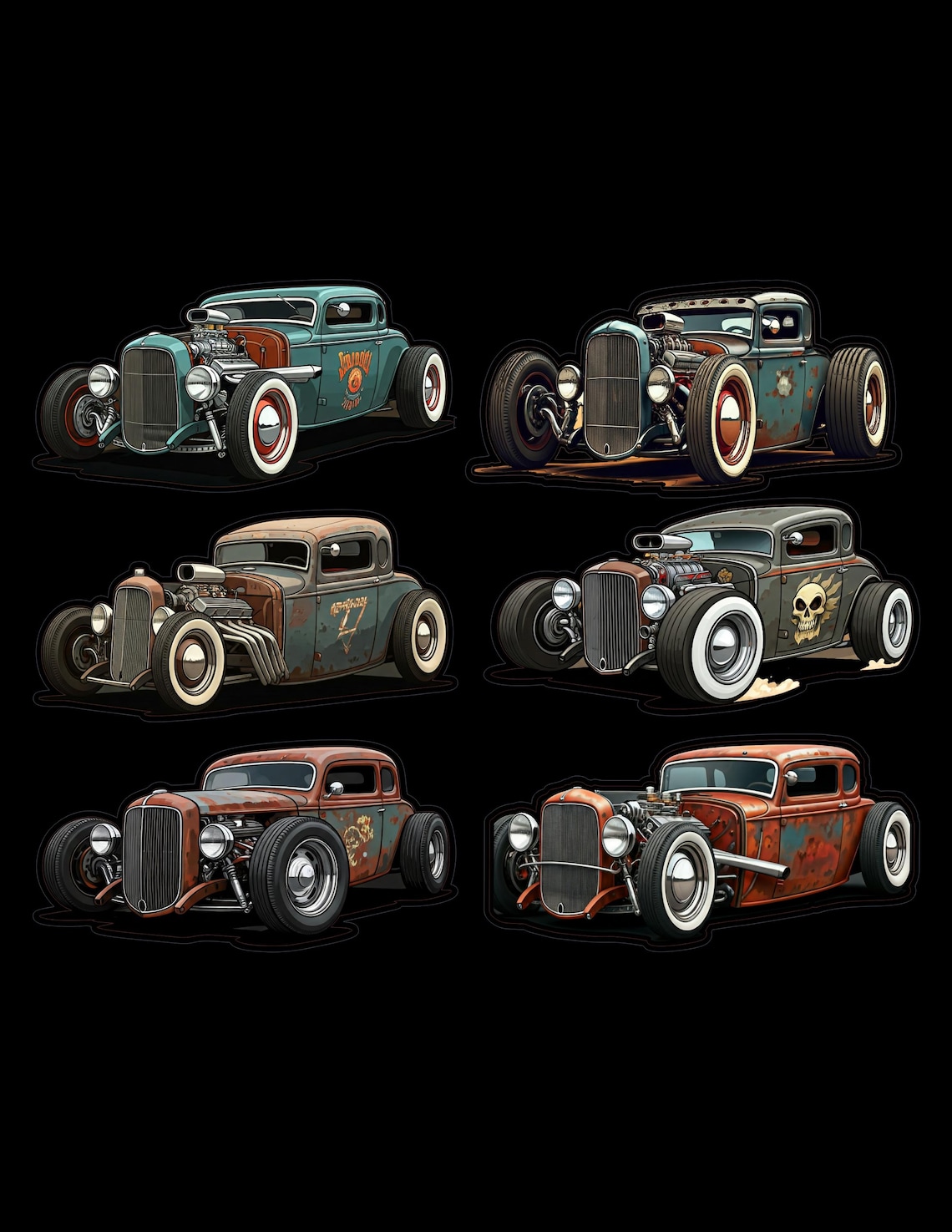 Set of 6 Rat Rod PNG T-shirt Designs | Vintage Car & Muscle Car Art ...