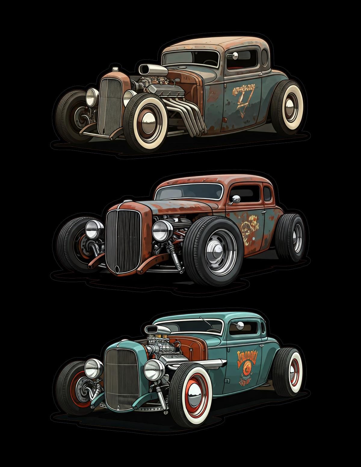 Set of 6 Rat Rod PNG T-shirt Designs | Vintage Car & Muscle Car Art ...