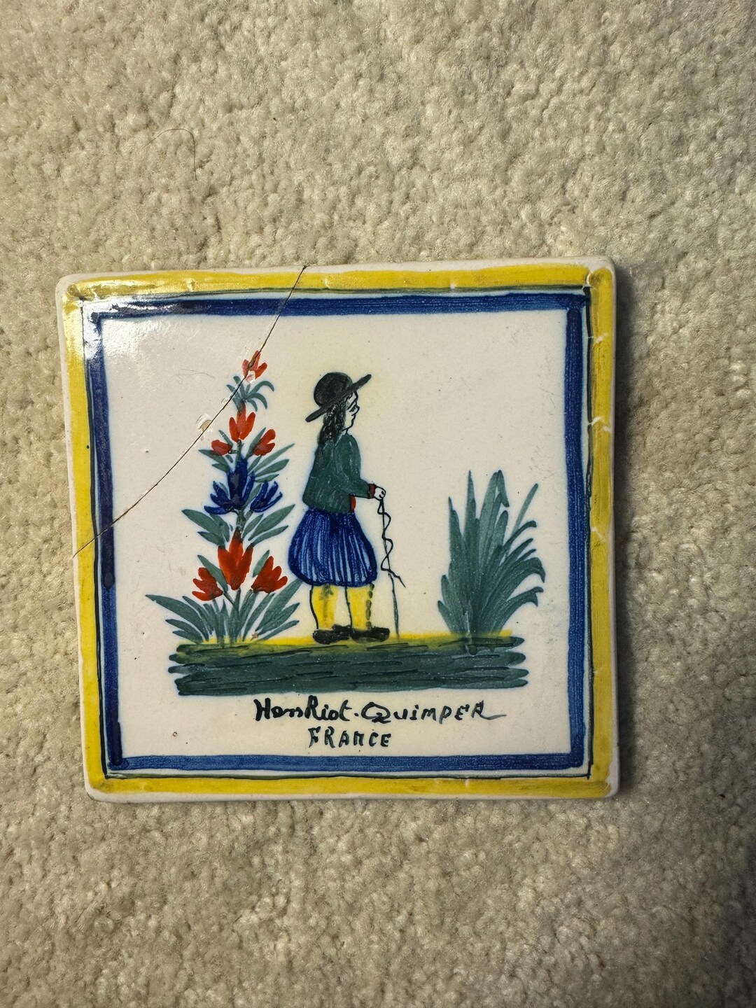 French Miniature Henriot Quimper Tile Circa 1950, 4.5 Diameter cracked ...