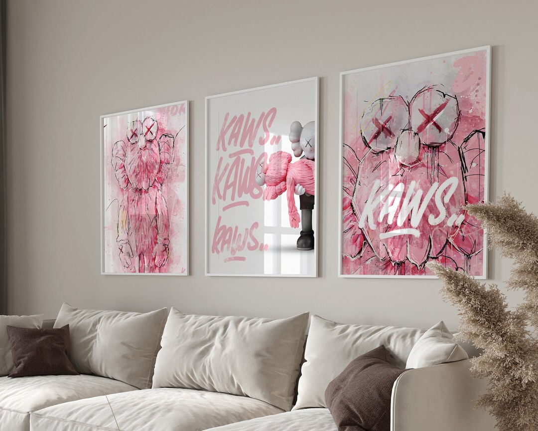 Set of 3 White and Pink Kaws Poster, Motivational Wall Art, Canvas and ...