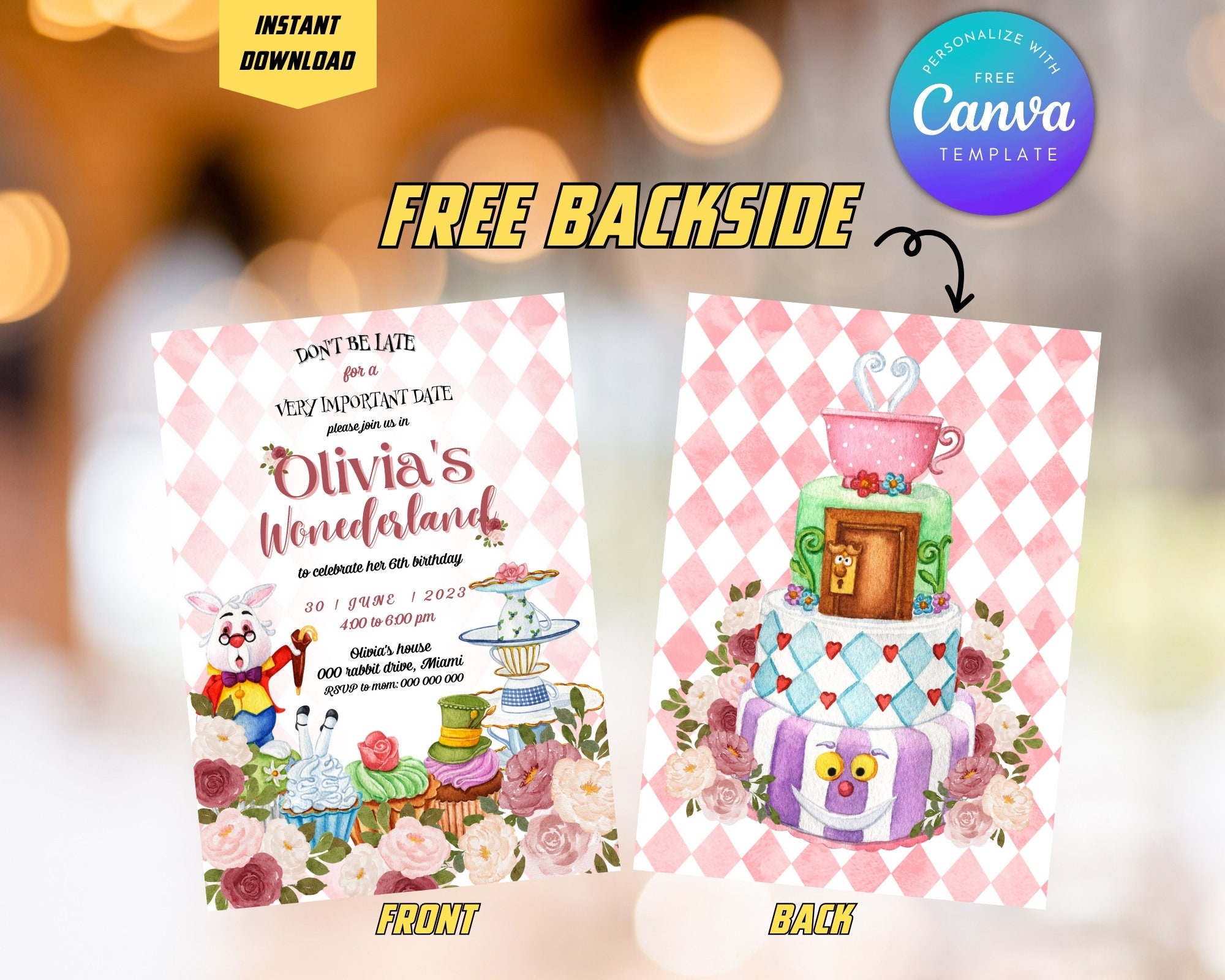 Editable Girls Birthday Party Invitation Template With Backside and ...