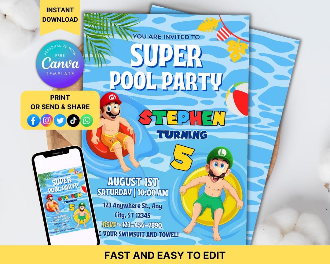 Editable Mario Pool Party Invitation Instant Download, Suoer Mario ...