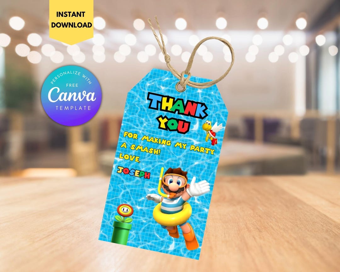 Editable Super Mario Pool Party Birthday Thank You Tag, Super Mario ...