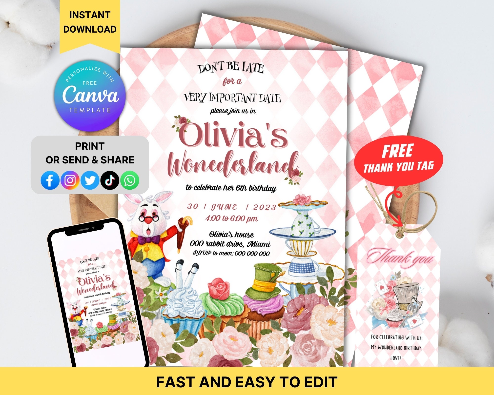 Editable Girls Birthday Party Invitation Template With Backside and ...