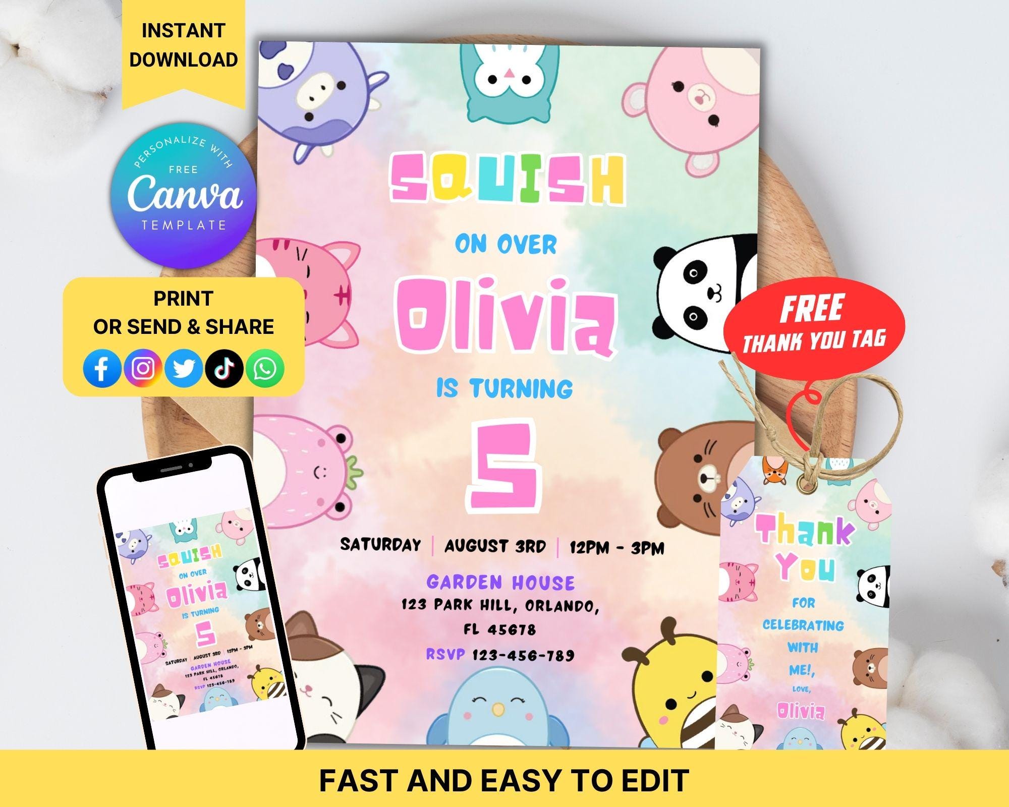 Editable Squishmallow Birthday Invitation Free Thank You Tag ...