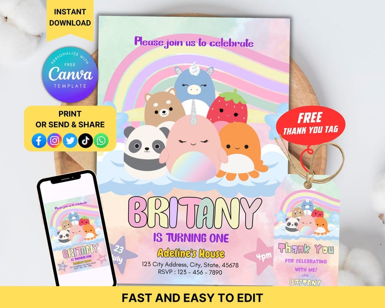 Editable Squishmallow Birthday Invitation Free Thank You Tag ...