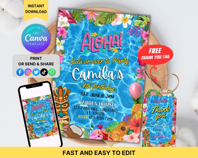 Editable Aloha Birthday Pool Party Invitation Template With Free Thank ...
