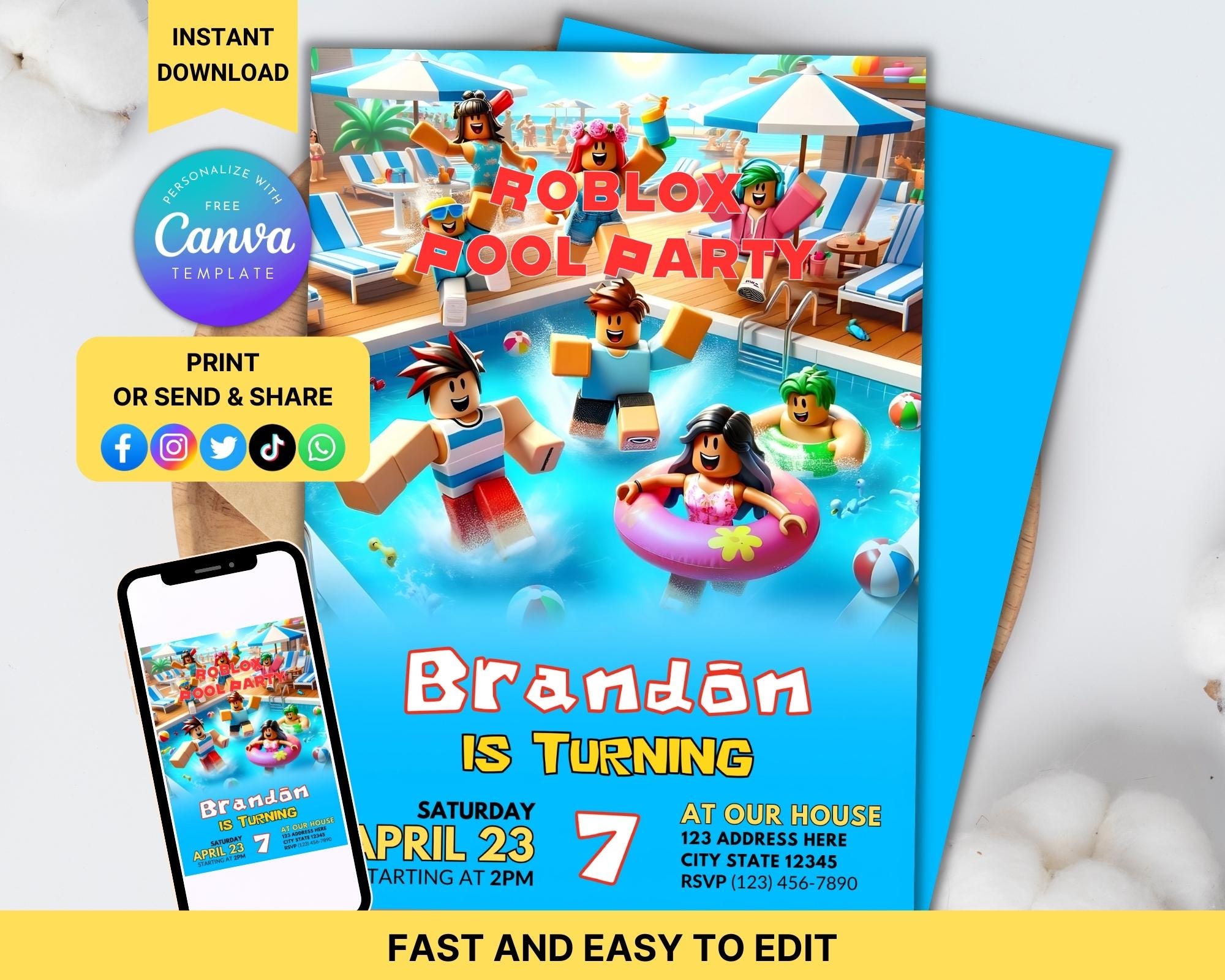 Editable Roblox Pool Party Invitation Instant Download, Roblox Birthday ...