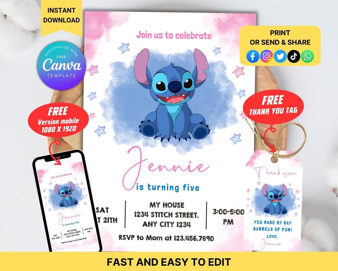 Editable Stitch Birthday Invitation + Free Stitch Thank You Tag, Stitch ...