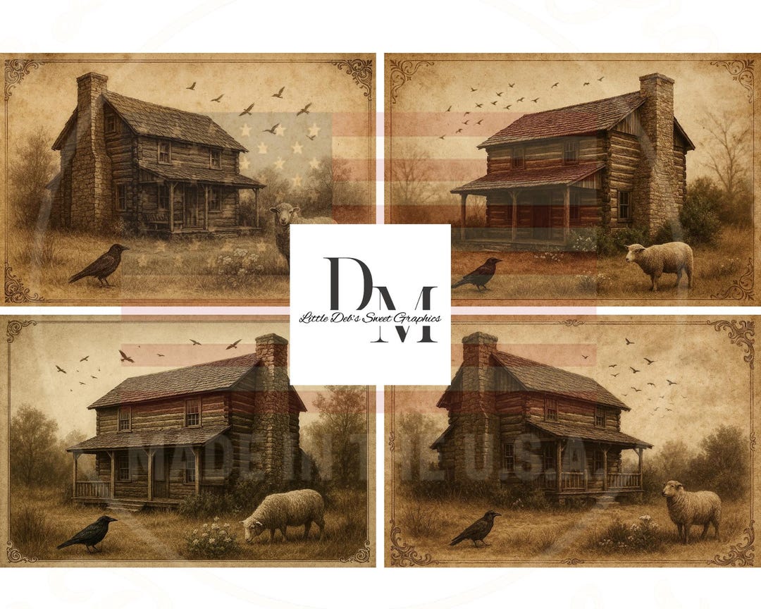 Primitive Farmhouse Rustic Log Cabin - Sheep and Crow - Spring Trees ...