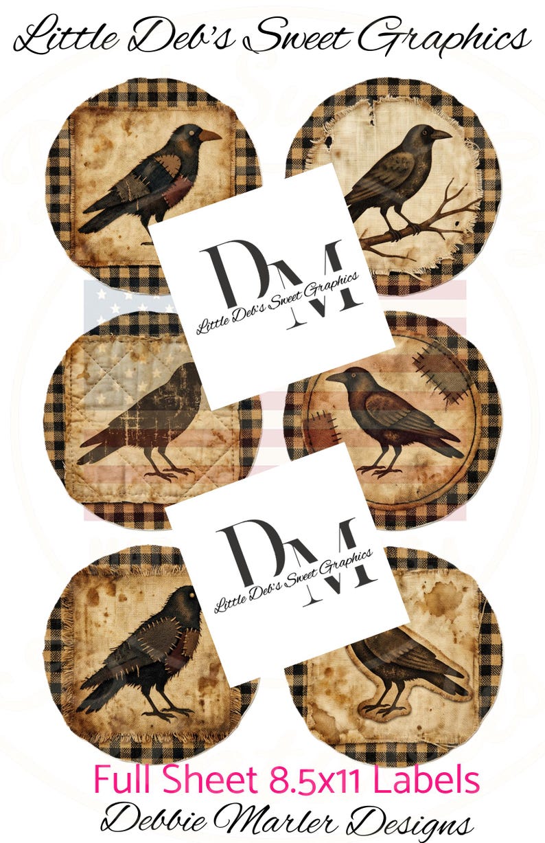 Primitive Farmhouse Prim Crow Labels - Full Sheet Homespun Fabric ...